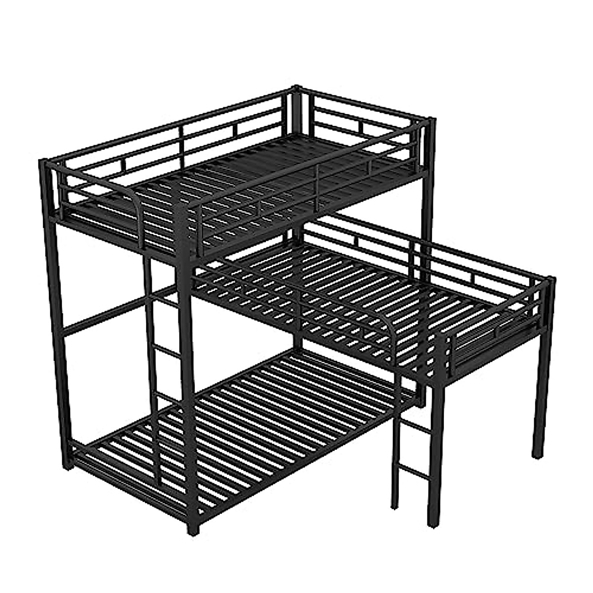 GINGVAT L-Shaped Metal Triple Twin Size Bunk Bed with 2 Built-in Ladder, Loft Bedframe and Safety Guardrails, Modern Style Bedroom Furniture for Children/Teenagers, Black