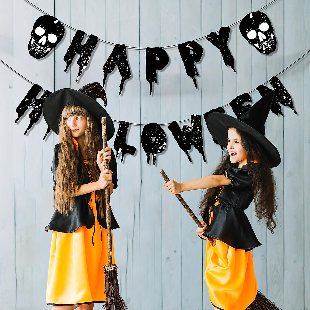 Happy Halloween Banner, 2Pack Halloween Bunting Banner Garland with Spider Pumpkin Sign for Halloween Party Decorations, Halloween Decor for Mantle Fireplace Wall Party Supplies