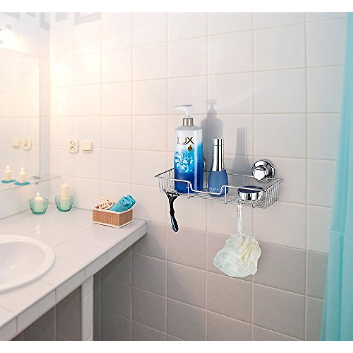 SANNO Suction Cup Shower Caddy Storage Combo Organizer, No Damage Bath Shelf Suction Cup Shower Basket,Rustproof Wire Bathroom Accessories - Rustproof Stainless Steel