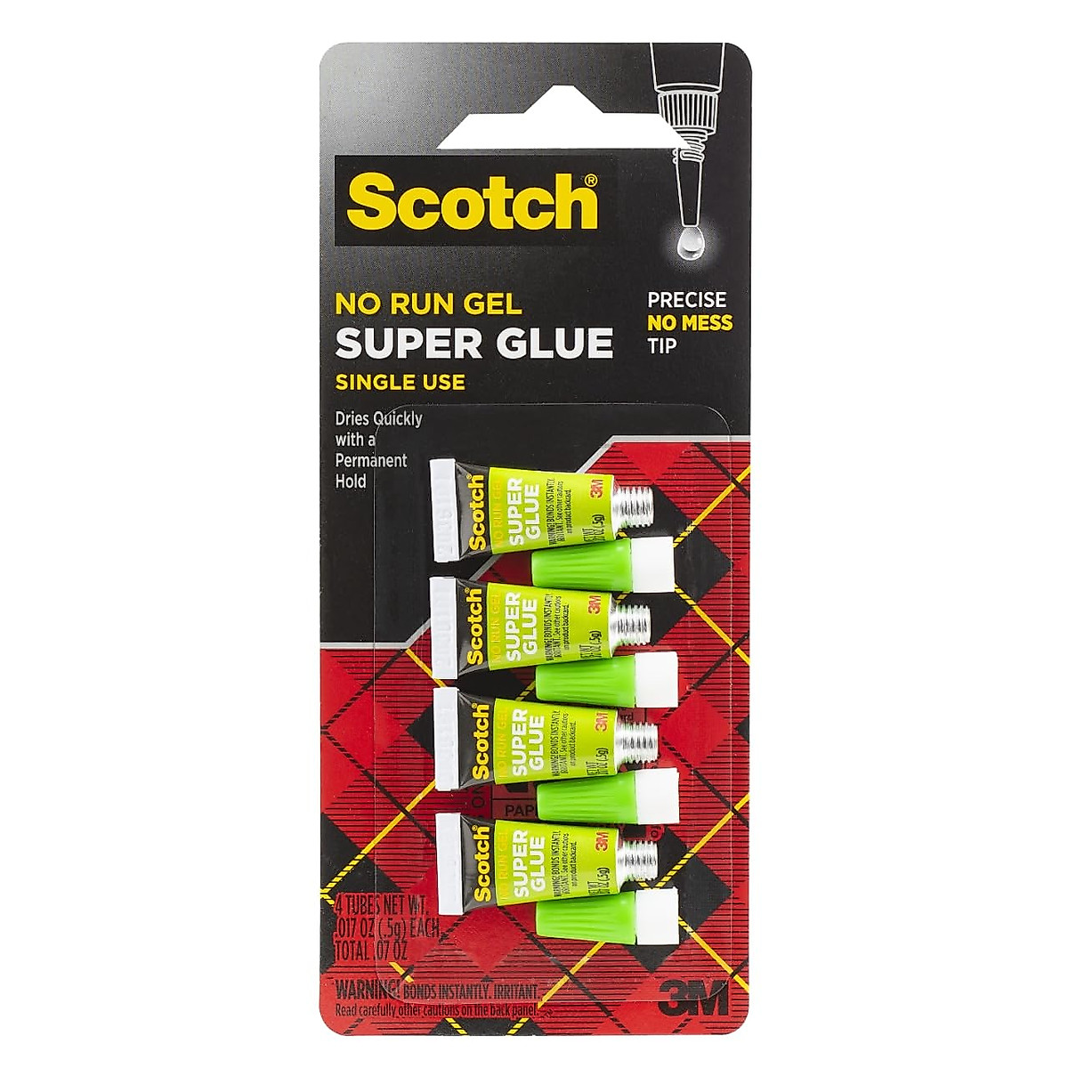 Scotch Super Glue Gel, 4-Pack of Single-Use Tubes, .017 oz each, Fast Drying, No Run Gel Formula (AD119)