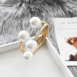 Caiyao 14K Plated Gold Big Pearl Clasp Cuff Bracelets Asymmetric Broadside Ball Handcuffs Wrist Bangle for Women Simple Fashion Jewelry-A layered