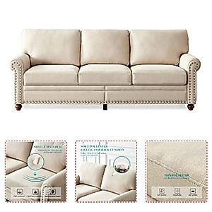 DNChuan 3 Seater Sofa Couch,Fabric with Nails Style and Wood Legs/Easy Assembly,Beige