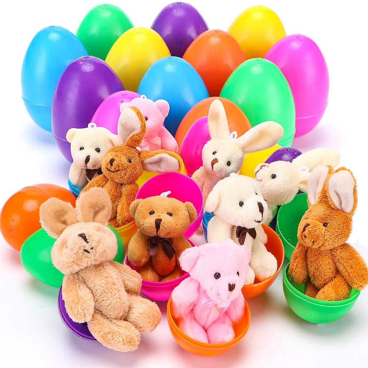 NEWBEA 12 Pack Prefilled Easter Eggs with Stuffed Animals,3.15" Plastic Easter Eggs Filled with Toys,Perfect for Easter Eggs Hunt