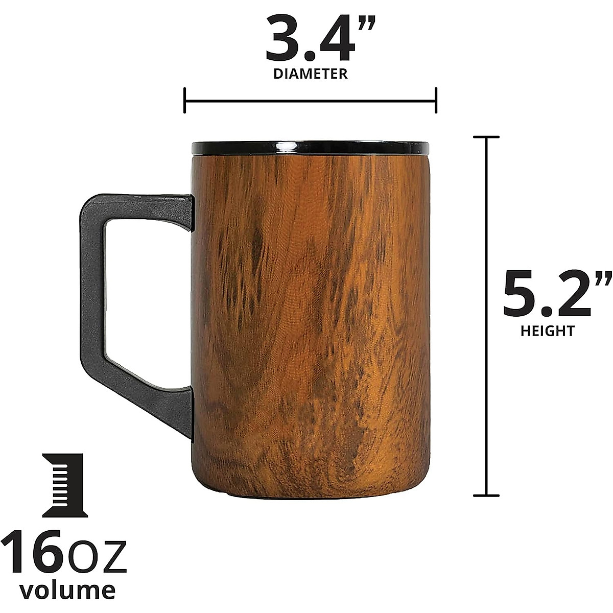 Elemental Summit Coffee Mug with Lid & Handle, Insulated Camp Mug, Triple Wall Stainless Steel Mug with Copper Lining, Hot and Cold Coffee Tumbler up to 6 Hours Hot and 18 Hour Cold, 16oz - Teakwood