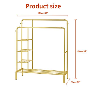 JOISCOPE 47'' * 65'' Heavy Duty Clothes Rack, Double Rods Clothing Racks for Hanging Clothes, Garment Rack with 4 Tier Closet Shelves & 4 Hooks for Clothing Storage, Metal Gold Clothing Rack