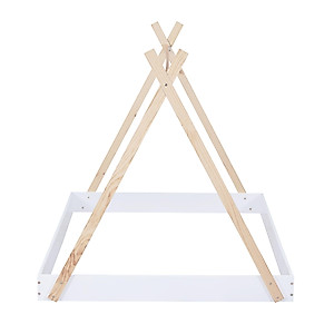RORIGAT Full Size Tent Floor Bed with Triangle Structure,Wood Bed Frame for Girls and Boys,White+Natural