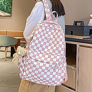 Checkerboard Light Academia Aesthetic Backpack for Teen Girls Cute Plaid Preppy Backpack with Plushies School Bag (D)