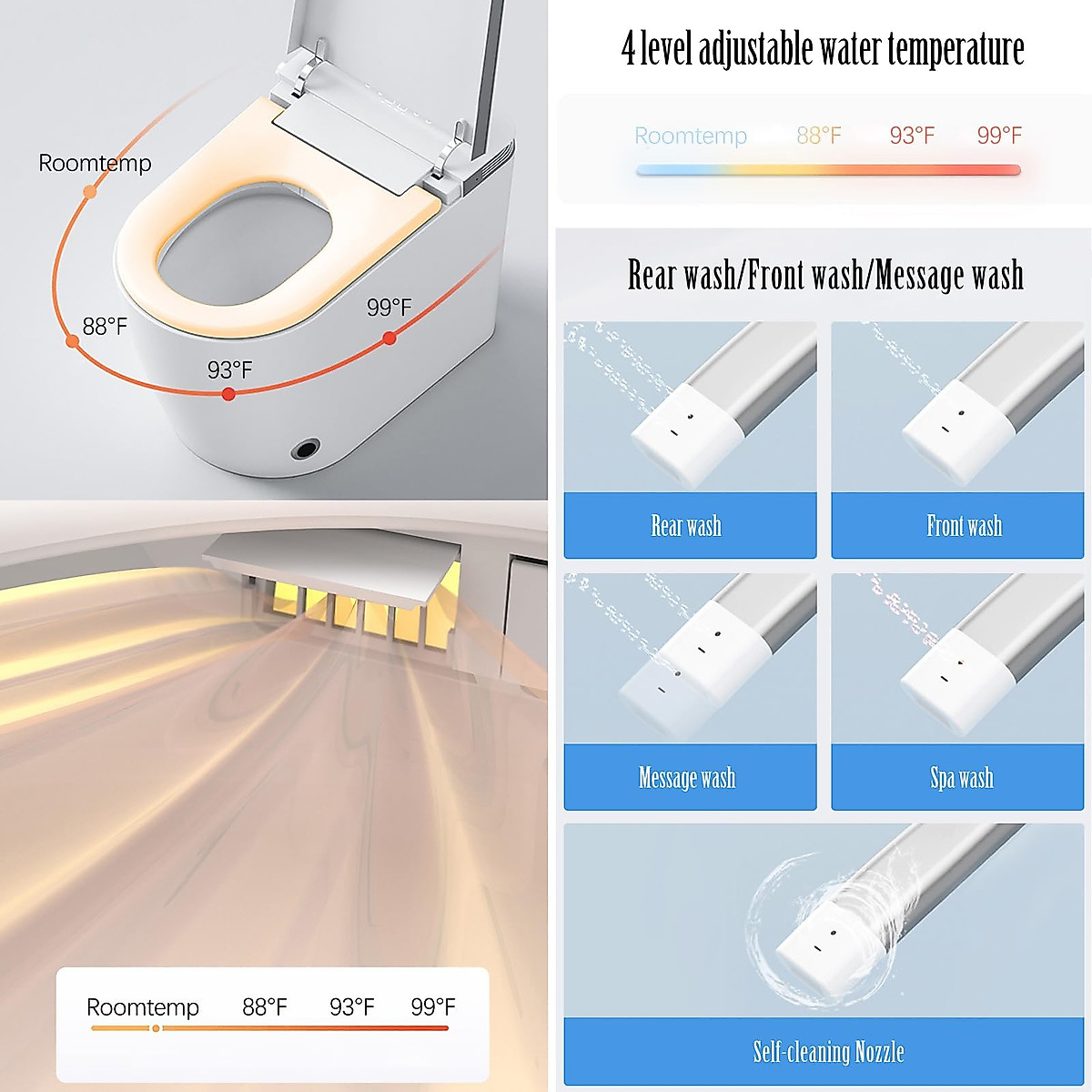BONSAM Smart Toilet with Foot Sensor, Heated Seat and Air Dryer for Modern Bathrooms. Intelligent Tankless Toilet Features an Automatic Open/Close Lid and Seat, Remote Control.
