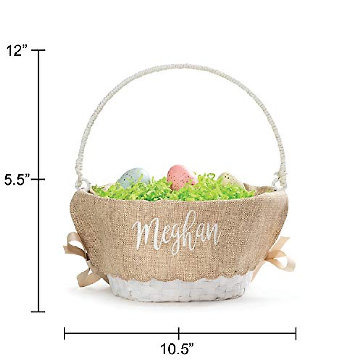 Personalized Easter Egg Basket with Handle and Custom Name in White Script | Scallop Edge Burlap Easter Basket Liners | White Basket | Woven Easter Baskets for Kids Adults | Customized Easter Basket