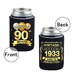 Greatingreat 90th Birthday Can Cooler Sleeves Pack of 12-90th Anniversary Decorations- Vintage 1933-90th Birthday Party Supplies - Black and Gold Ninety Birthday Cup Coolers