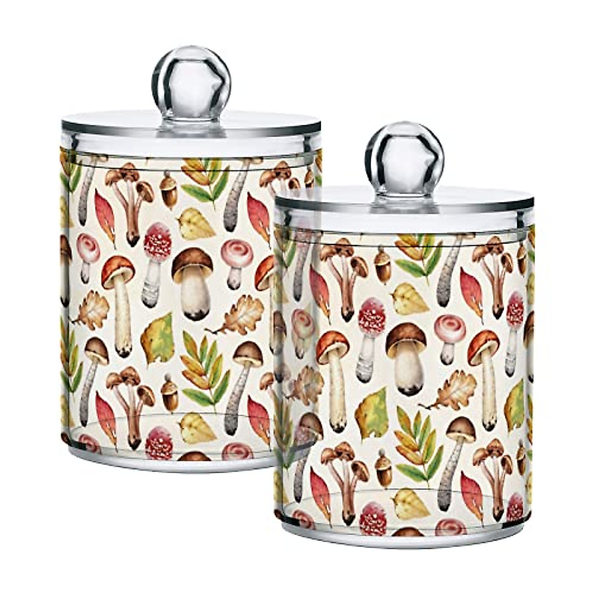 ALAZA 4pcs Mushroom Leaf Qtip Holder Dispenser 14 oz Bathroom Storage Clear Apothecary Jars Containers Cotton Ball,Cotton Rounds,Floss Picks, Hair Clips, Food