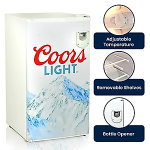 Coors Light Rocky Mountain 3.2 cu ft (90L) refrigerator Compact Fridge Bottle Opener White Space Saving Flat Back Design Reversible Door Adjustable Temperature Control Tempered Glass Shelves Office RV