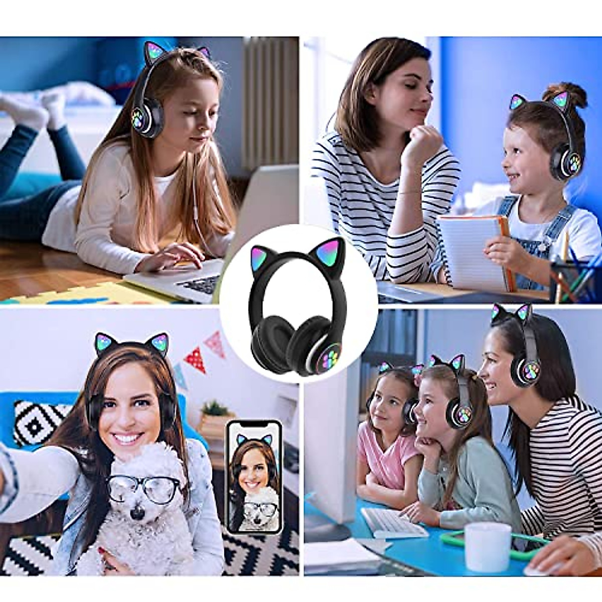 TOKANI Kids Headphones, Bluetooth Wireless Headphones for Kids Teens Adults, Over-Ear Bluetooth Headphones with Microphone, Cat Ear Headphones for Girls Women (Black)