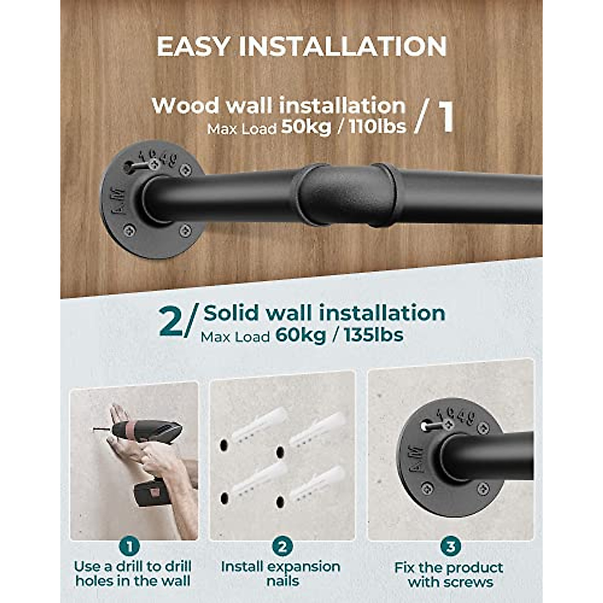 OROPY Industrial Pipe Clothes Rack 21.6” Set of 2, Heavy Duty Wall Mounted Black Iron Garment Bar, Multi-Purpose Clothing Hanging Rod for Laundry Room and Closet Storage