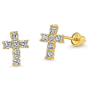 14k Gold Plated Brass Cross Cubic Zirconia Screwback Baby Girls Earrings with Sterling Silver Post