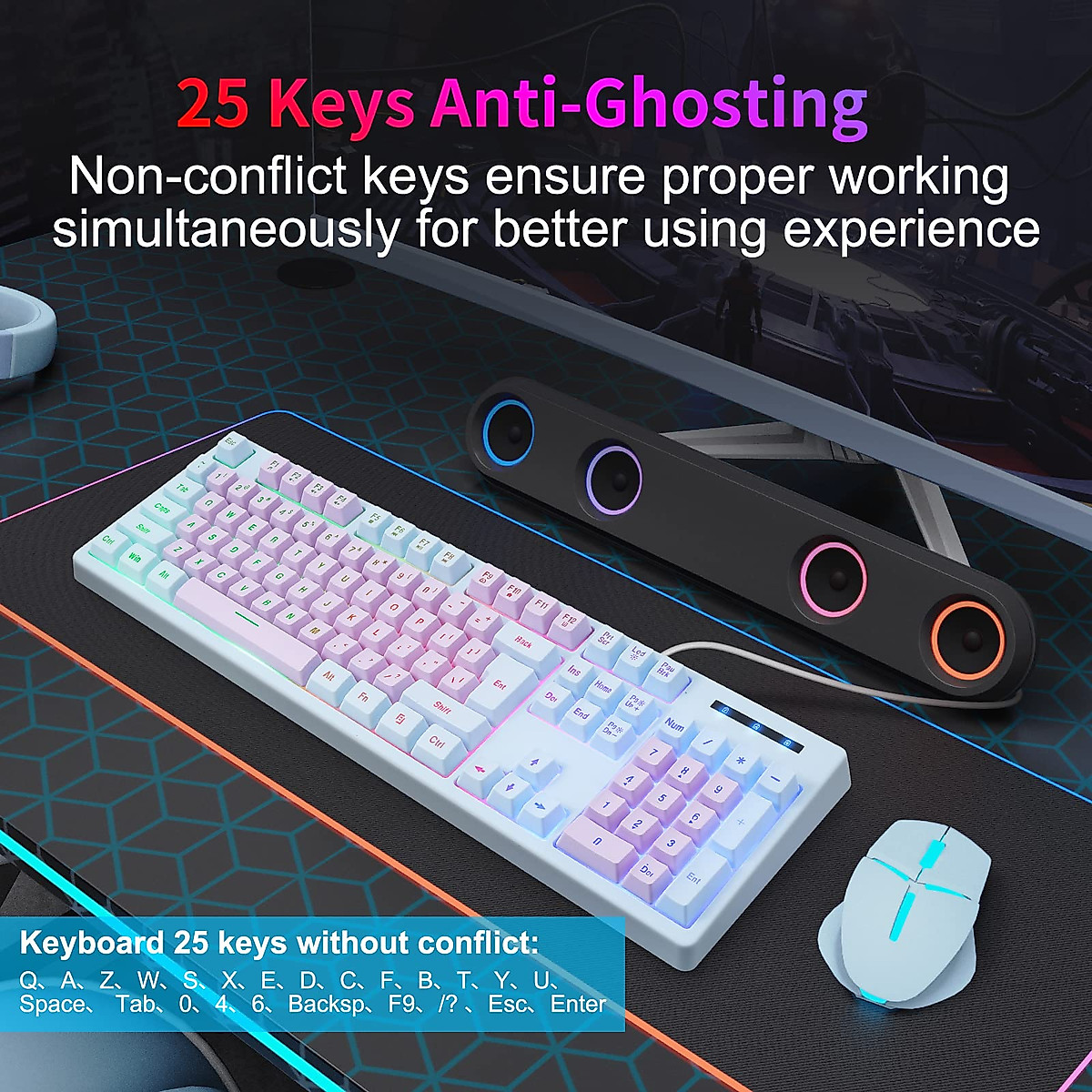 chuangquan CQ104 Mechanical Feeling Keyboard Rainbow LED Backlit USB Wired Floating Gaming Keyboard for Windows PC Laptop