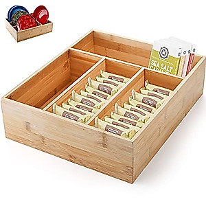 DEAYOU Bamboo Organizer Bin, 100% Bamboo Divided Storage Box, 4-Compartments Cutlery Tray Desktop Holder for Kitchen, Coffee Sugar Tea Bags, Seasoning Spice Packet Pouch, Food, Snack, Shelf, Open Top