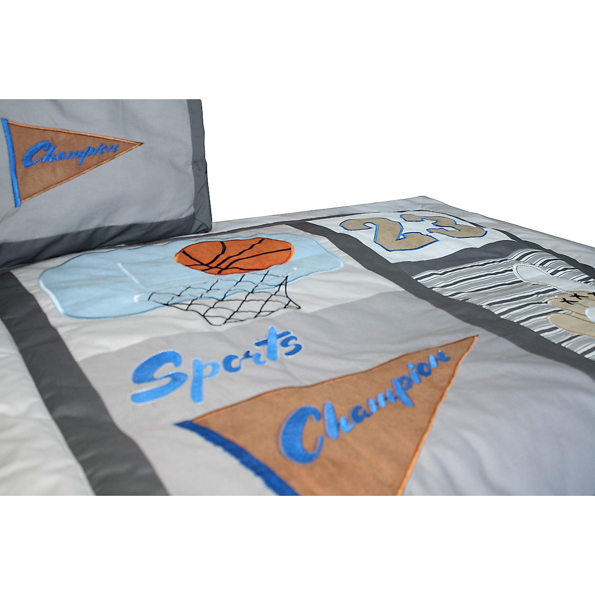 BabyFad Sports Champion Grey Nursery Basketball/Baseball/Football/Hockey/Soccer with Musical Mobile 9 Piece Baby Crib Bedding Set 100% Cotton