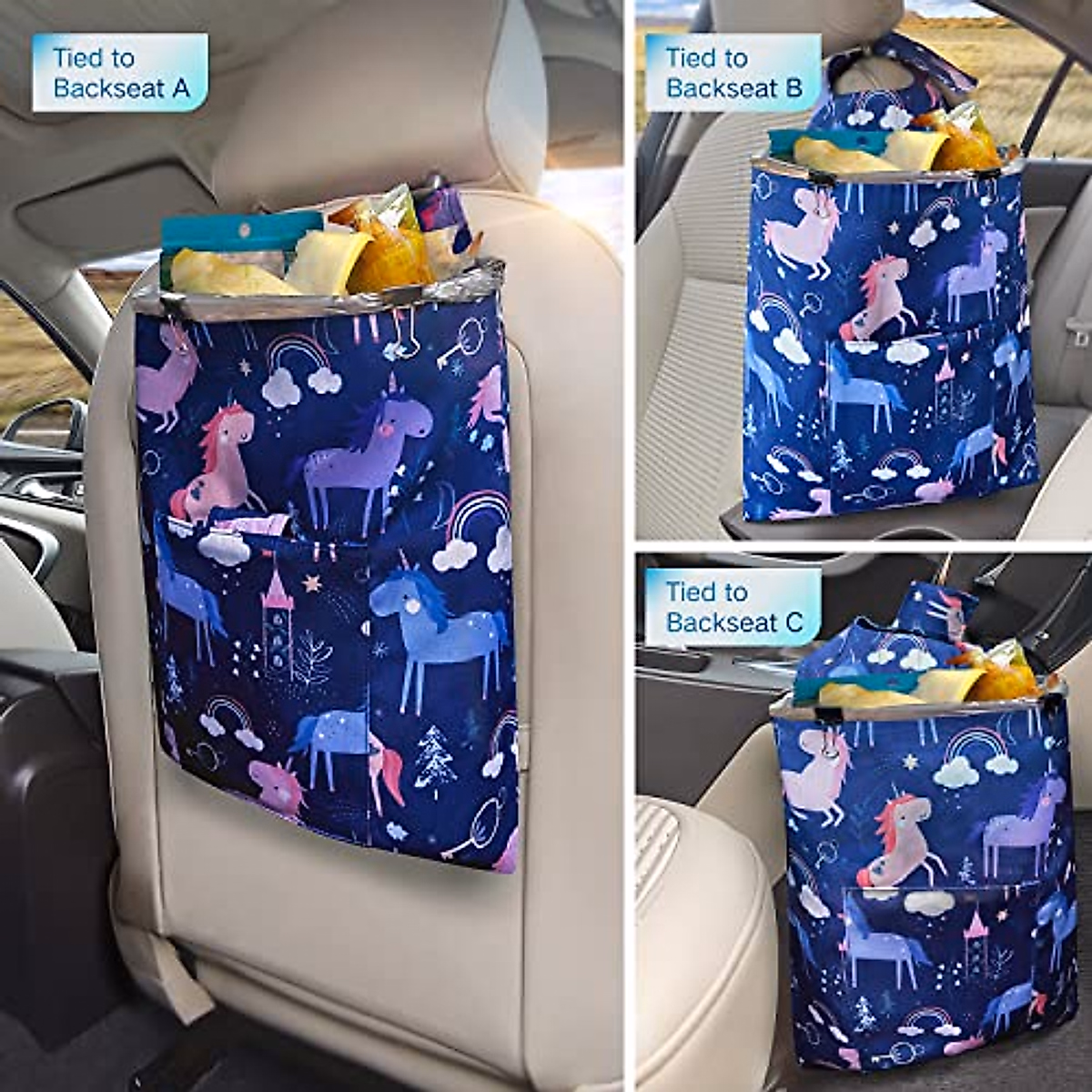 Car Trash Bag Blue, Reusable Vehicle Garbage Organizer Hanging Front Seat Pretty Cute-Unicorn Pattern for Baby Kids, Washable Auto Backseat Litter Rubbish Spill Proof Can with Storage Pocket