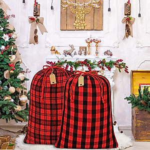 HRX Package 2pcs Cotton Santa Bag, 28x20 inch Plaid Fabric Drawstring Christmas Bags, Reusable Cloth Wrapping Bag with Gift Tag for Xmas Presents