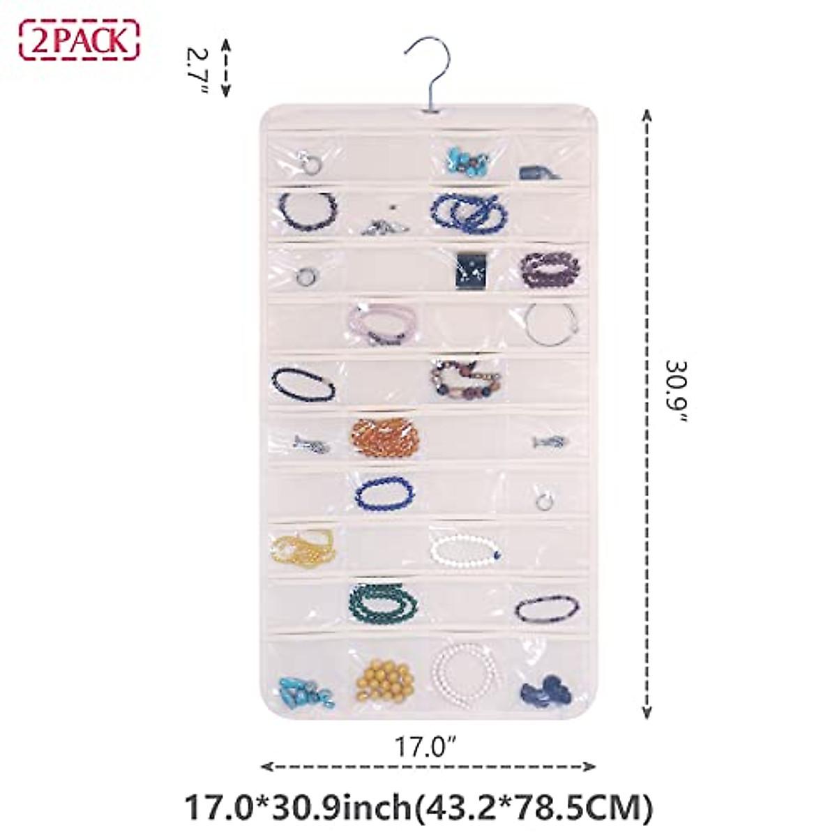 2 Pack Hanging Jewelry Organizer with 80 Pockets Jewelry Storage for Earrings Necklace Bracelet Ring Accessory, Beige