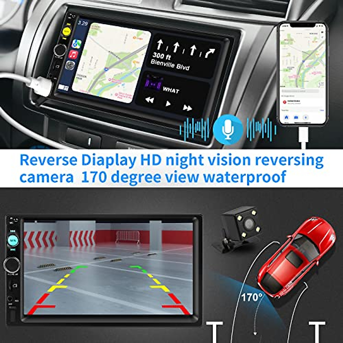 Double Din Car Stereo Apple Carplay and Android Auto, 7-Inch HD Touchscreen Car Stereo with Backup Camera, Bluetooth Car Radio Support Mirror Link,FM/Hands Free Call/USB/TF/AUX/Steering Wheel Control