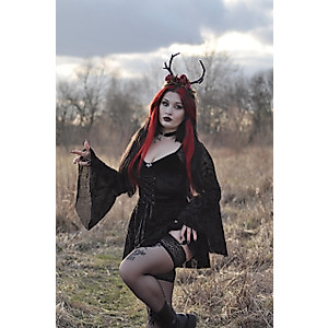 MOSTORY Handmade Dark Antler Flower Headband Fairy Floral Headpiece Black Horns Hairband Medieval Woodland Crown for Renaissance Festival Cosplay Halloween Wedding Fae Ball Masquerade