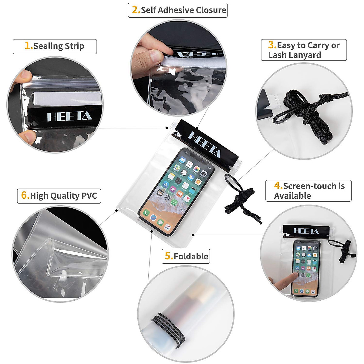 HEETA Waterproof Pouch, Screen Touch Sensitive Waterproof Bag Black & White L Bundle with 5-Pack Clear Waterproof Dry Bag
