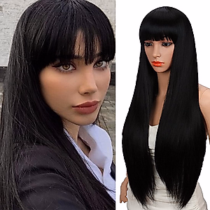 Kalyss 28 Inches Women's Silky Long Straight Black Wig Heat Resistant Synthetic Wig With Bangs Hair Wig for Women