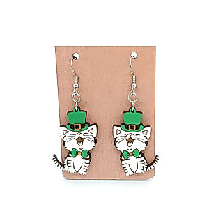 Pingyongchang St. Patrick's Day Earrings Irish Shamrock Rainbow Wood Dangle Drop Earrings Handmade Green Clover Cat Dog Wooden Earrings for Women Holiday Good Lucky Jewelry Gift-Cat