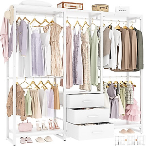 Aheaplus Garment Rack Heavy Duty Clothes Rack for Hanging Clothes,Clothing Rack with Drawers, Wood Stoarge Shelf Freestanding Closet Wardrobe Rack, Corner L Shaped Closet System Organizers, W3,White