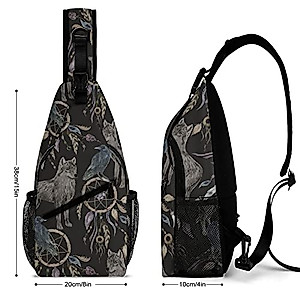 NAWFIVE Sling Bag Watercolor Raven Wolf Crossbody Backpack with Anti Theft Boho Style Adjustable Shoulder Bag for Travel,Hiking,Cycling,Camping