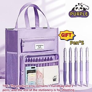 UIVXXUD Portable 8-Layer Canvas Tote Bag with Large Capacity, Ideal for Tutoring, Carrying Books, and Documents, Includes Pens and Panda Stickers (Purple)