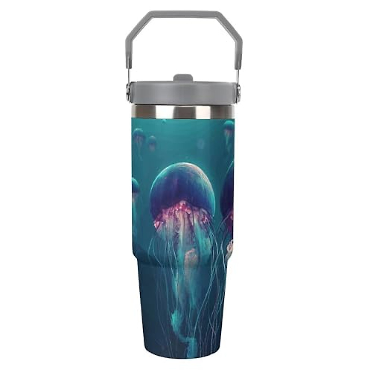 30oz Stainless Steel Insulated Tumbler with Flip Lid & Straw, Leakproof Travel Mug for Car, Color Jellyfish Double Wall Vacuum Thermal Coffee Cup with Handle, Spill-Proof Design for Hot/Cold Drinks