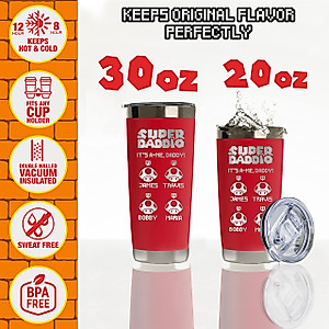 Super Daddio Tumbler with Kids Names, Personalized Tumblers for Dad, 13 Vibrant Colors - 20oz & 30oz, Double-Walled Stainless Steel Dad Tumbler