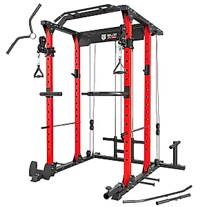 Major Fitness Power Cage, PLM03 All-in-One 1400lbs Multi-Function Power Rack with Adjustable Cable Crossover System and Exercise Machine Attachment(Red)