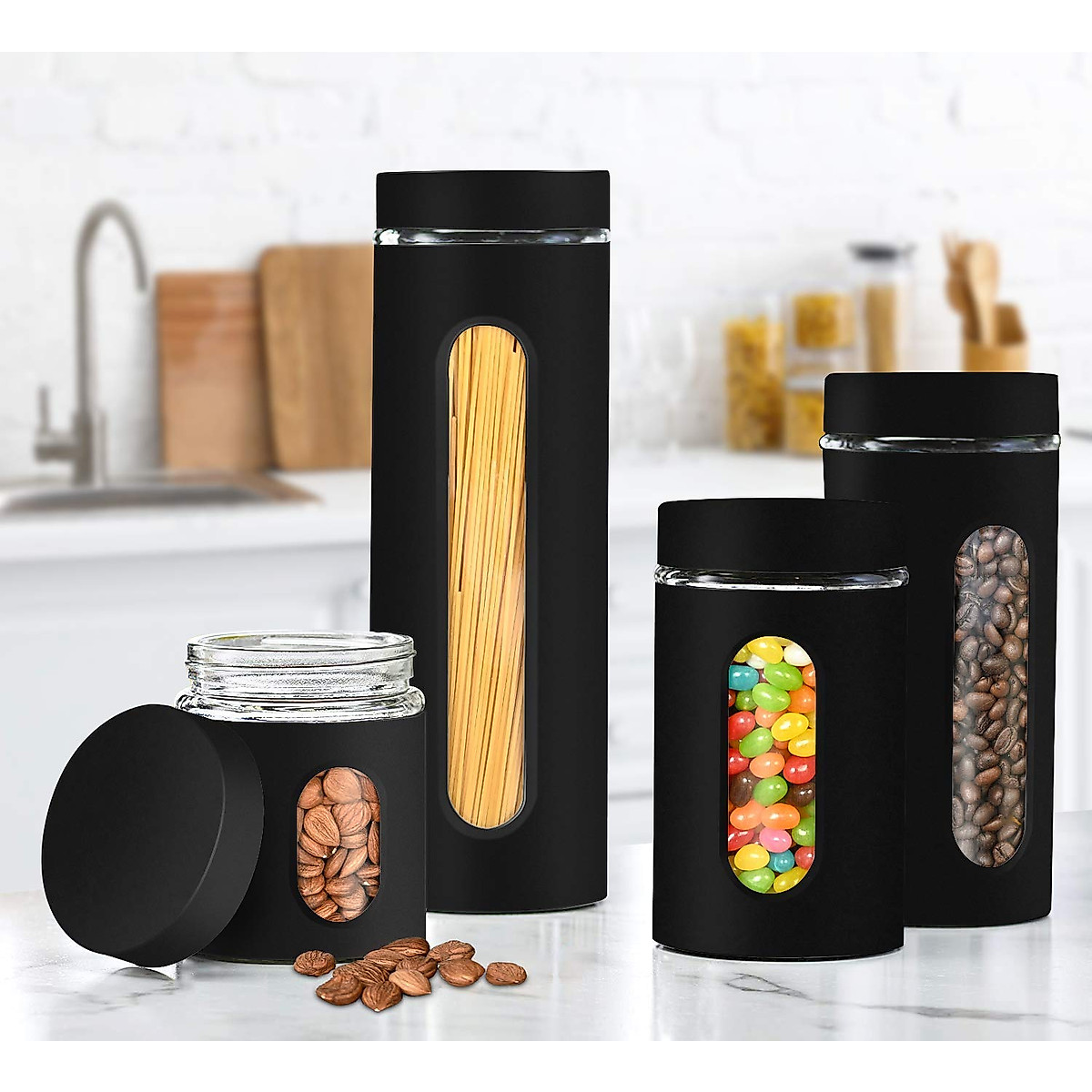 GADGETWIZ Canister Sets for Kitchen Counter - Matte Black Kitchen Decor and Accessories - Glass Canisters Sets for the Kitchen - Sugar Containers for Countertop - Kitchen Canisters Set of 4