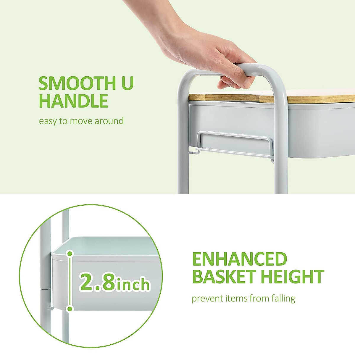 TOOLF 3 Tier Rolling Cart, Metal Utility Cart with Wheels & Wooden Top, Diaper Organizer Cart, Rolling Craft Storage Cart, Serving Trolley Cart for Kitchen, Office, Bathroom, Baby Nursery, Green