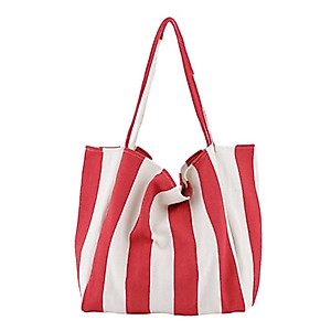2022 Ladies Classic Striped Canvas Handbag Large Capacity Shoulder Bag for Female Simple Beach Casual Totes Shopping Bag (Red Wide Stripes)