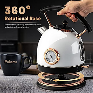 Pukomc Retro Electric Kettle Stainless Steel 1.8L Tea Kettle, Hot Water Boiler with Temperature Gauge, Led Light, Fast Boiling, Auto Shut-Off&Boil-Dry Protection (White)