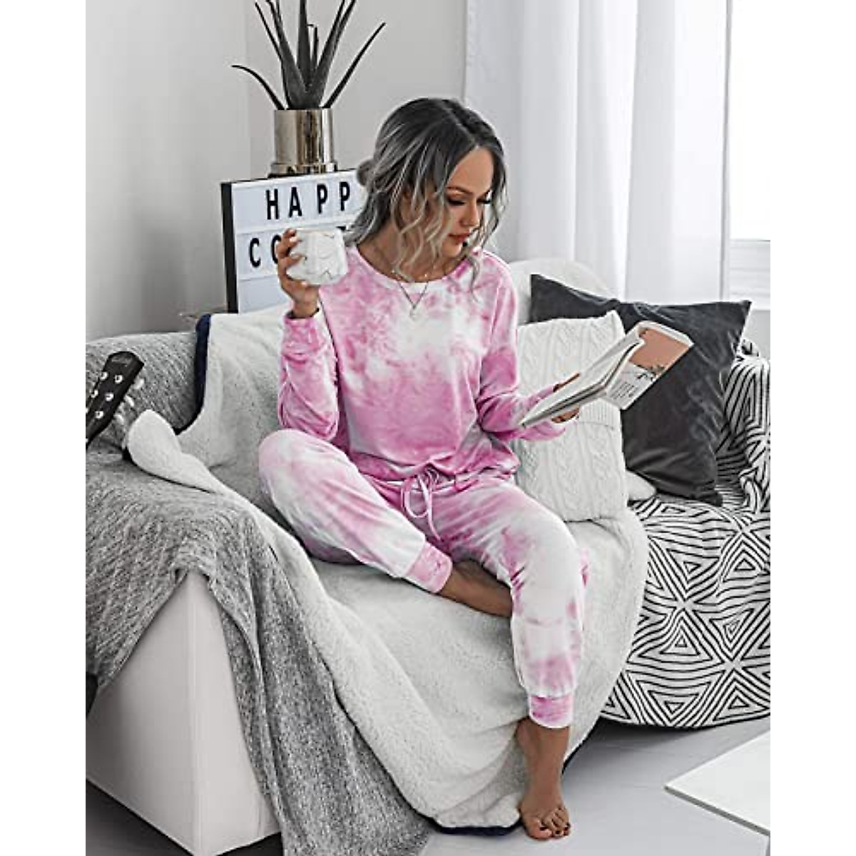 PRETTYGARDEN Women's Tie Dye Two Piece Tracksuit Set Long Sleeve Sweatshirt with Long Pants (Pink,Small)