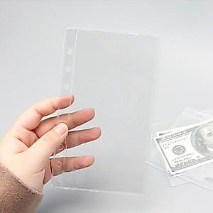 12pcs A6 Binder Pockets Zipless Clear Cash Envelopes Loose Leaf Binder Sleeves PVC Sheet Protectors 6 Holes for 6 Ring A6 Binder Organizer Photos Cards Bills (Clear A6 Binder Pocket)