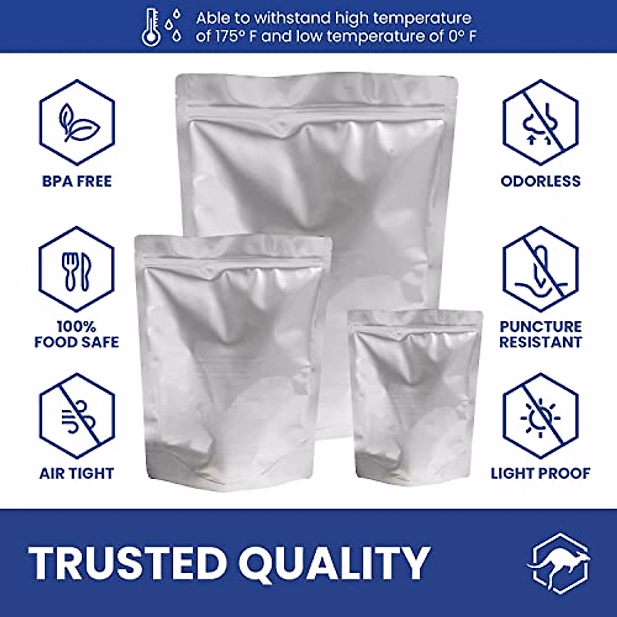 Wallaby 100 Count Mylar Bag Bundle - Multi-Size Pouches, 100x 400cc Oxygen Absorbers, 100x Labels - Heat Sealable, Food Safe & BPA-Free - Long-Term Food Storage for Preppers - Silver (Gusset)