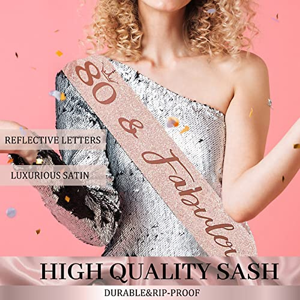 Trgowaul 80th Birthday Decorations for Women, Rose Gold 80th Birthday Backdrop Banner, 80 & Fabulous Sash, 80th Birthday Tiara Crown, Pink Party Supplies, Happy 80 Year Old Birthday Ideas Favor