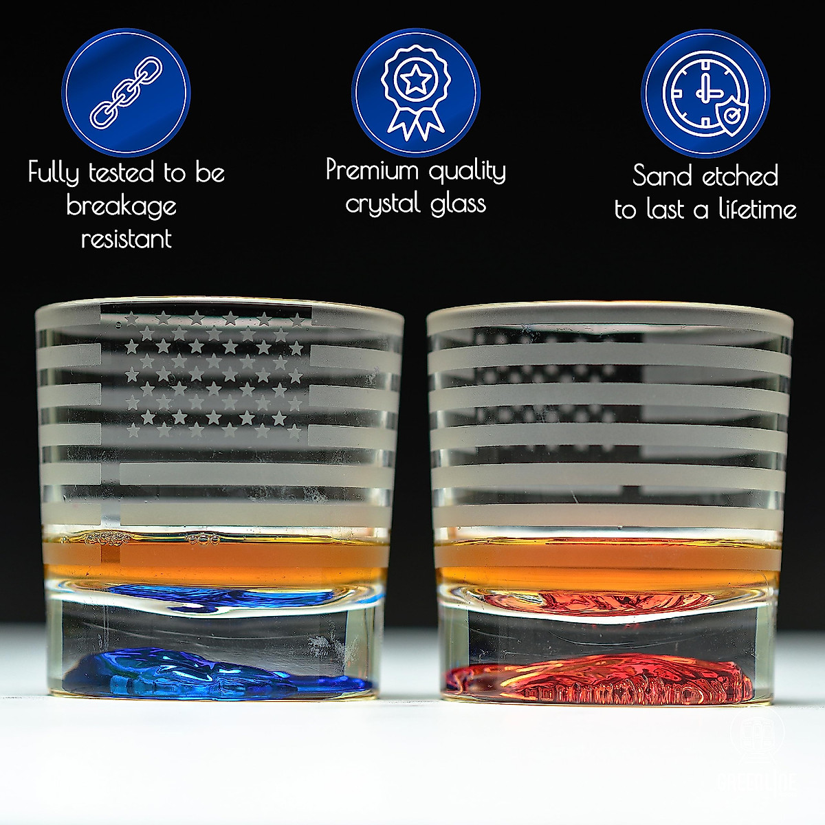 Greenline Goods American Flag Decor USA Glasses - With Patriotic Eagle - (Set of 2) 10 Oz Tumbler Set - America Themed Whiskey Set - Colored 3D Eagle Heavy Glass Base