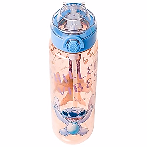 Silver Buffalo Disney Lilo and Stitch Chilled Vibes Plastic Water Bottle with Locking Lid, Strap, and Straw, 33 Ounces