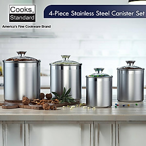 Cooks Standard Stainless Steel airtight Glass lid 4-Piece Food Jar Storage Canister Set for Tea Cofee Sugar Flour Baking Pantry Kitchen Counter