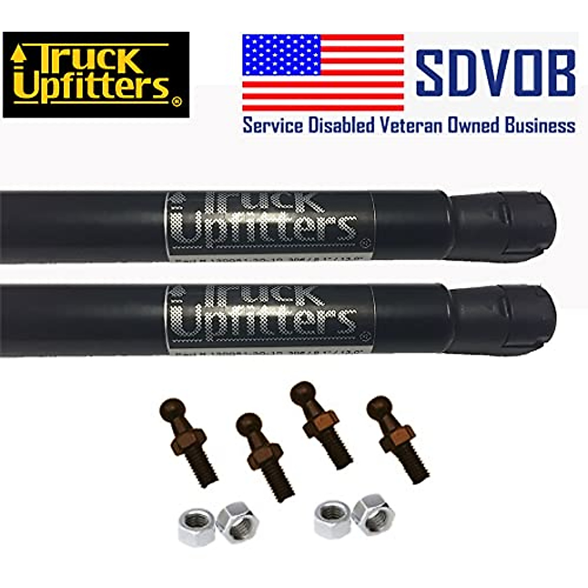 2 Truck Upfitters 12" Gas Props (12.2" ext, 7.5" comp, 40 lbs ea) for are Snugtop Leer Camper Doors & ONLY Aluminum Weatherguard ONLY Toolboxes. Measurement REQ'D! Incl 4 Ball mounts!