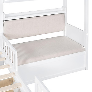 EOVTK Twin Size Kids House Bed with Upholstered Sofa, 2 Drawers and Storage Shelves, Wood Multifunctional Montessori Bed with Safety Guardrail for Boys Girls, White