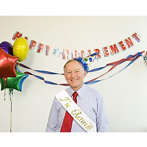 Classic I’m Retired! Sash – Gold Foil Retirement Sash for Women and Men & Large Safety Pin. Great for Retirement Party, Events and Decorations by JPACO (White)